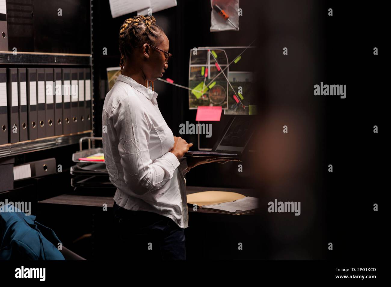 Lawyer preparing for case in police detective office, studying ...