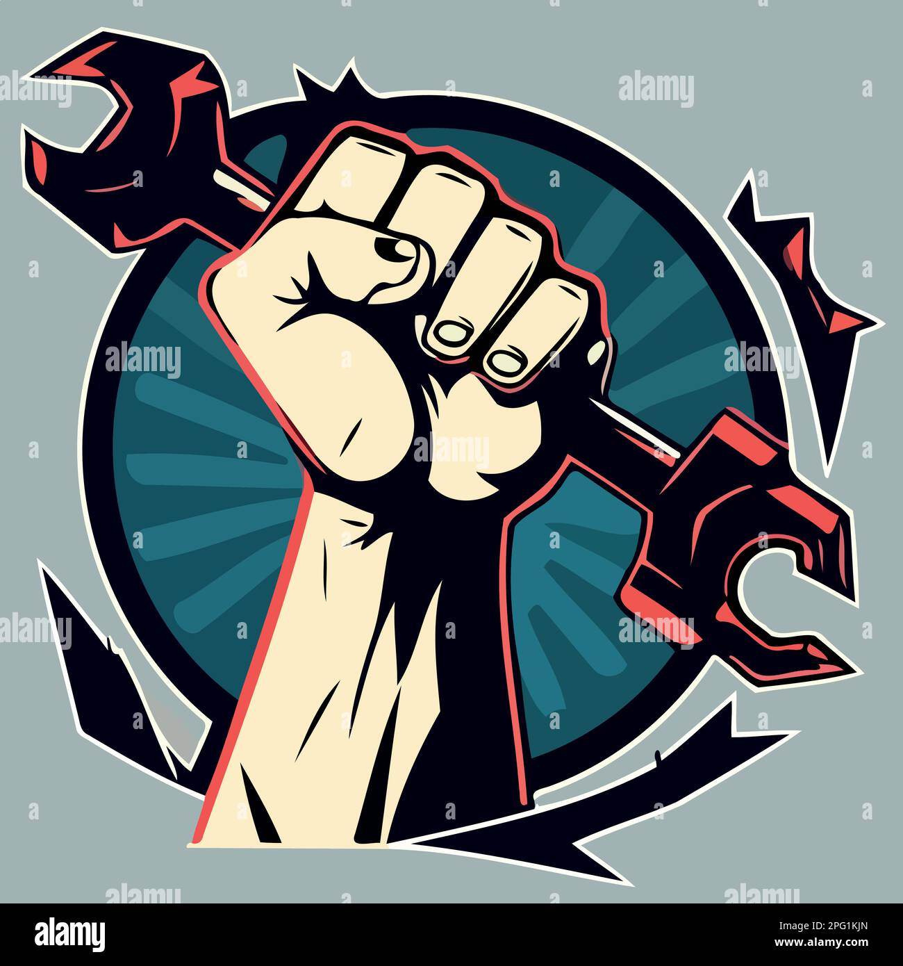 fist raised with spanner expressively to symbolize work, worker or ...