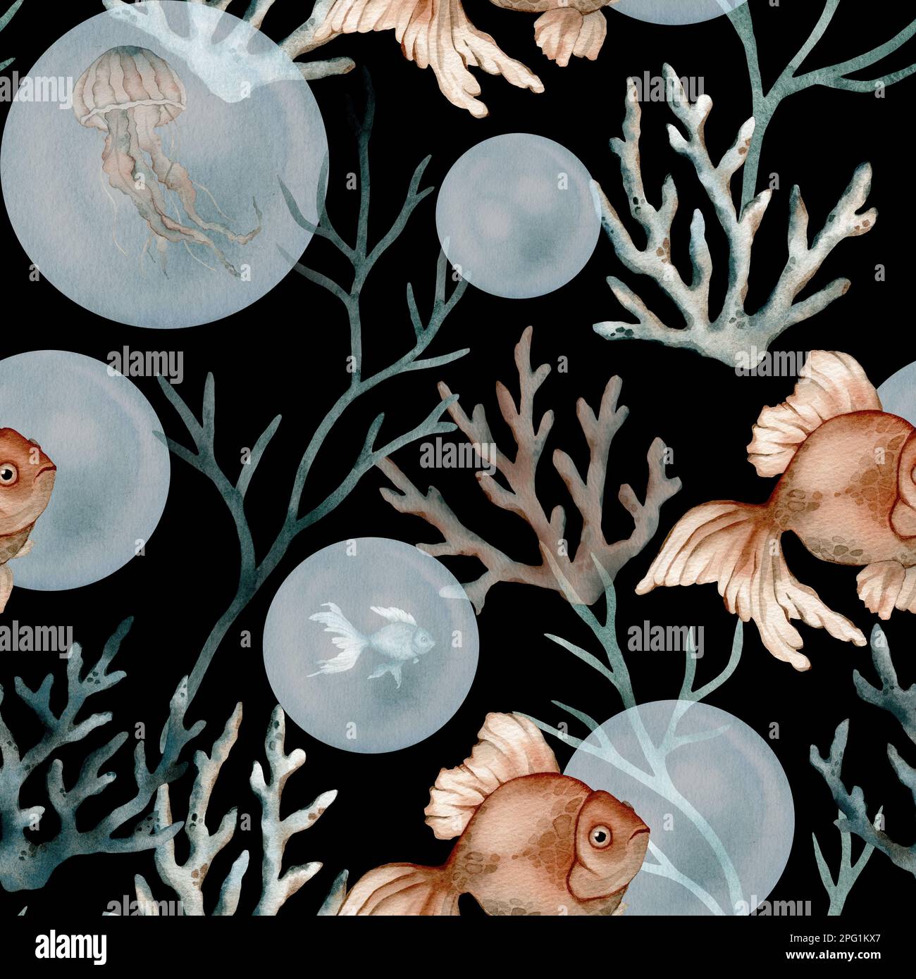 Seamless pattern with watercolor seaweed and coral, fish. Hand painted ...