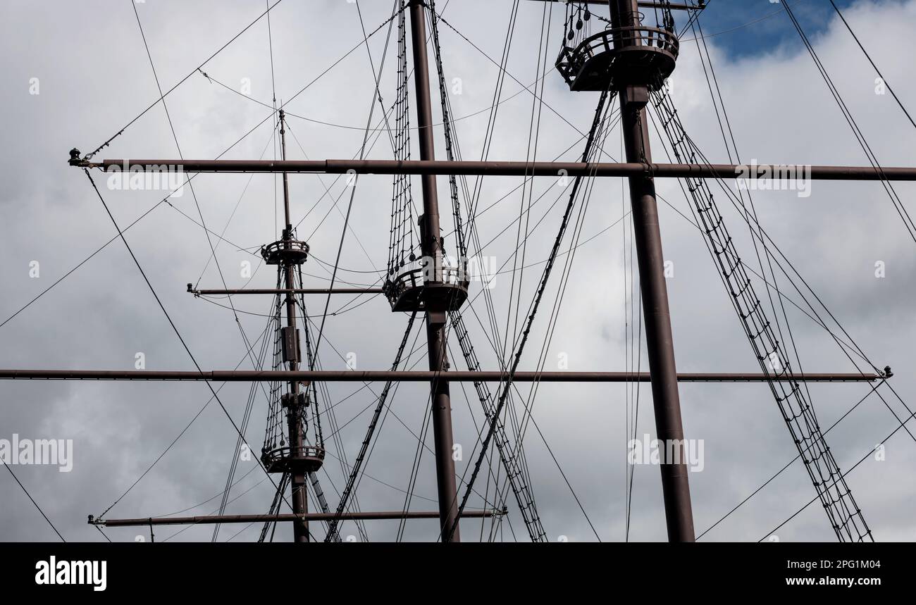 Sailing ship mast with rigging and cables against the sky Stock Photo ...