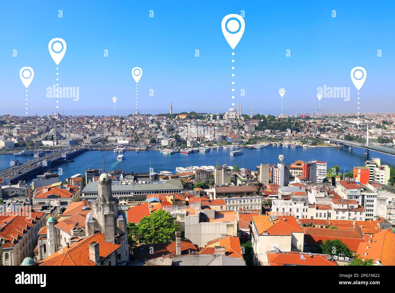 Network connection concept. Aerial view on Istanbul with location pin ...