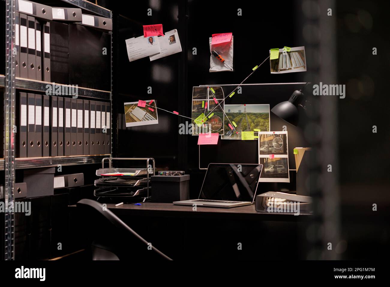 Private detective empty workplace with crime case evidences board ...