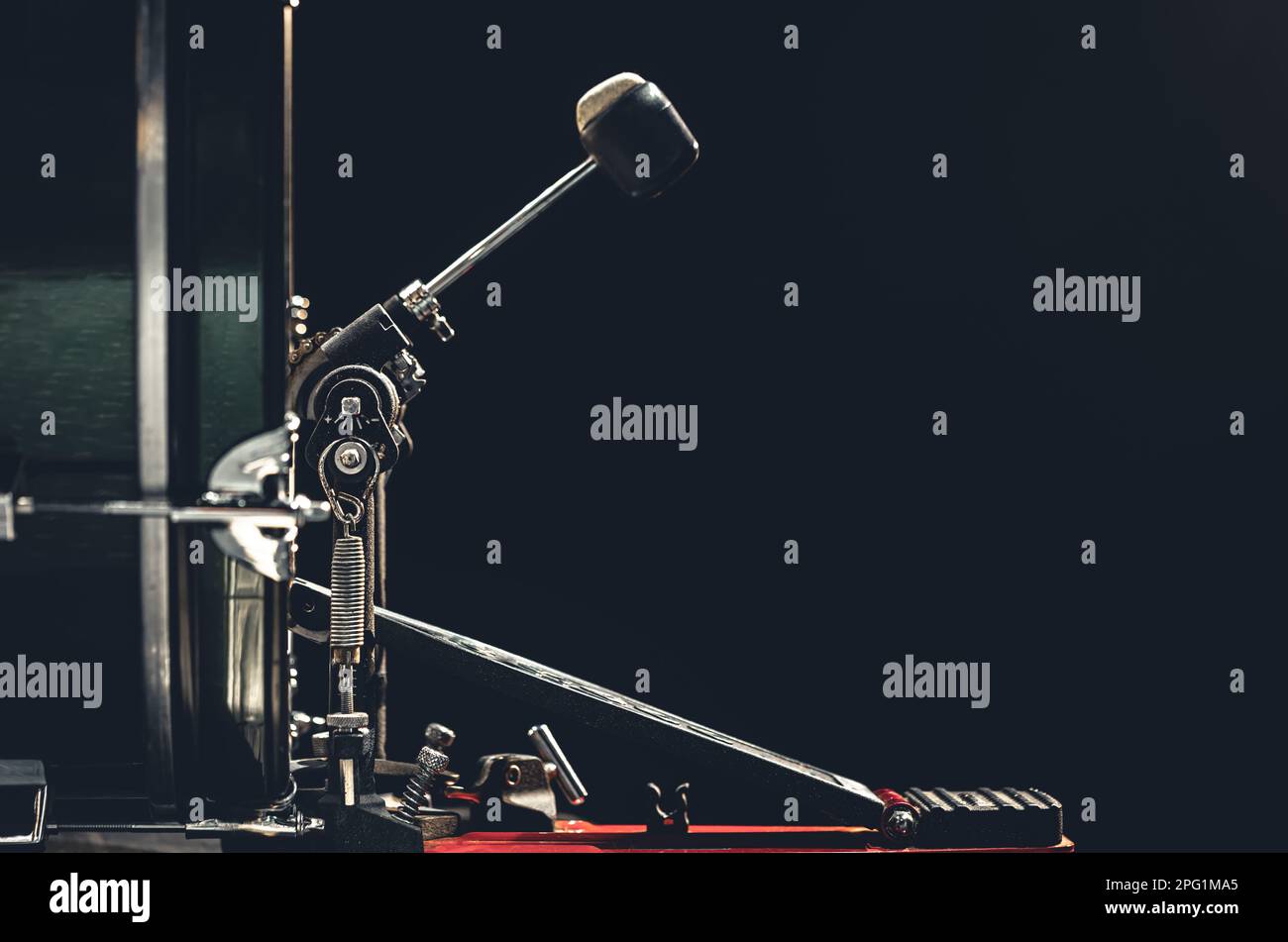 Bass drum with pedal, musical instrument on black background Stock ...