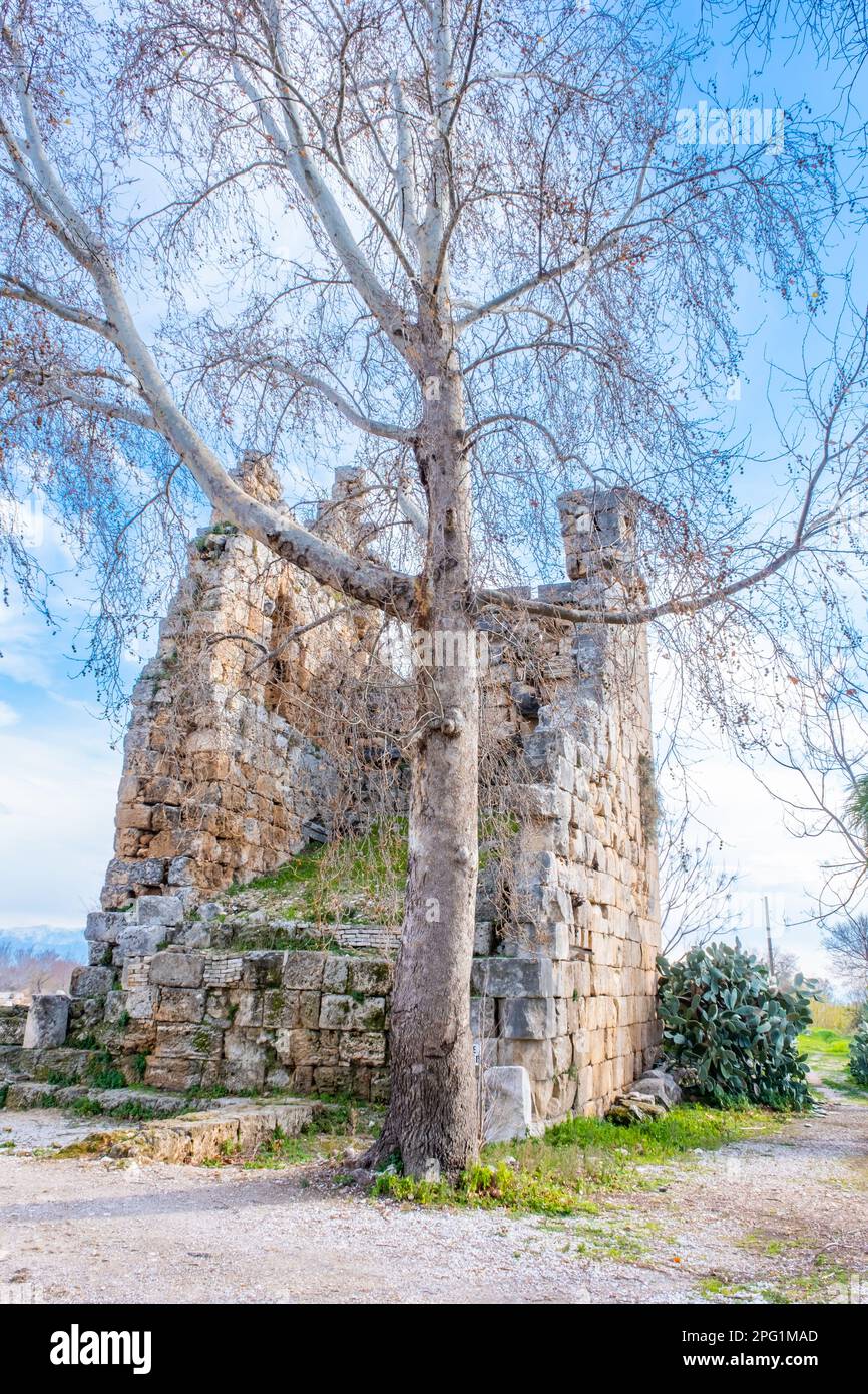 The ruins of the ancient city of Perge. Perge is an ancient Greek city ...