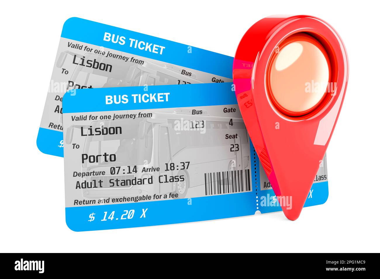 Bus tickets with map pointer, 3D rendering isolated on white background ...