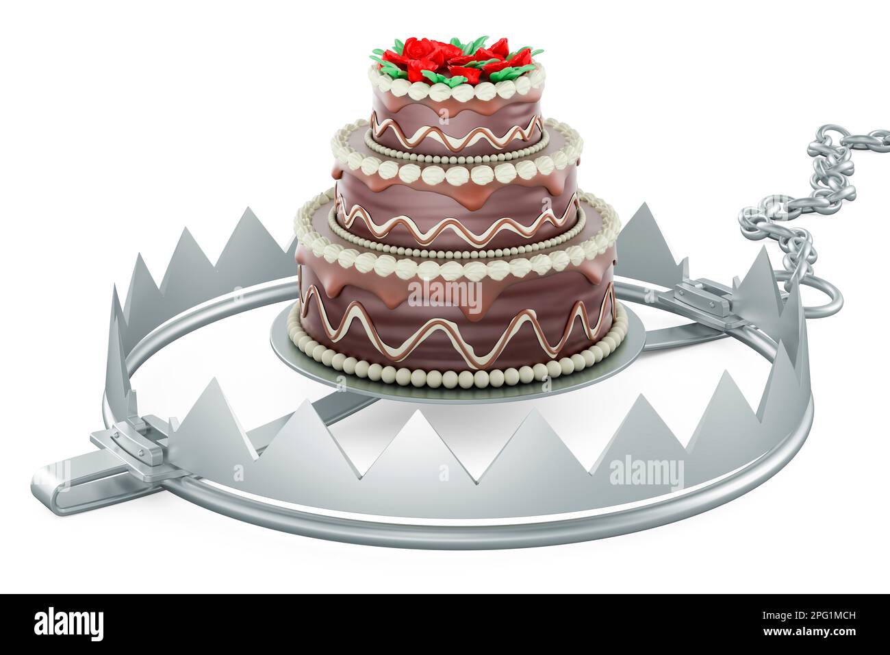 Chocolate Birthday Cake inside bear trap. 3D rendering isolated on ...