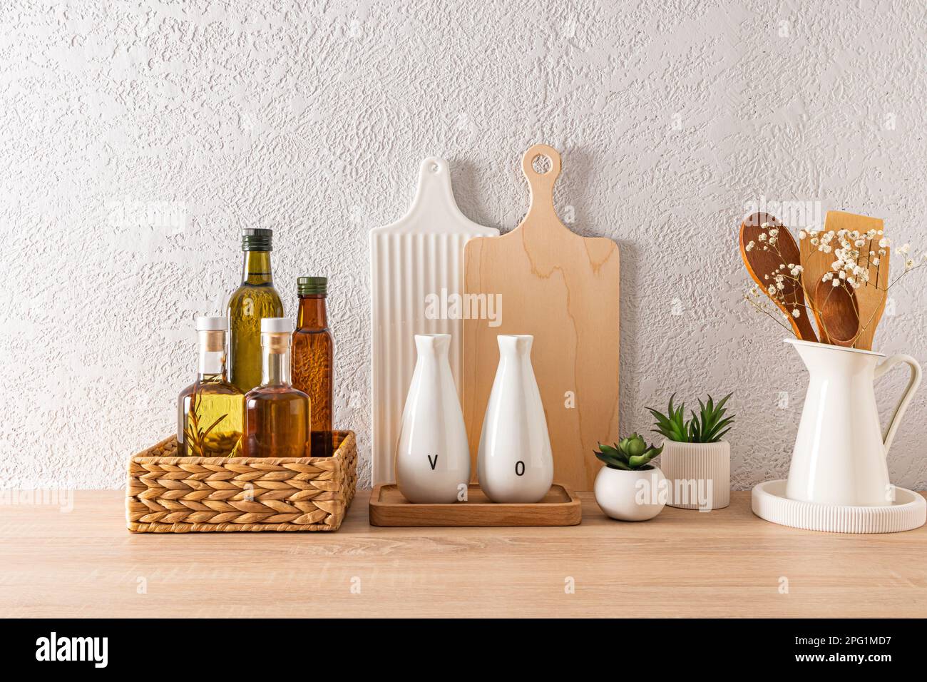 front view of the modern kitchen countertop with food storage area and ...