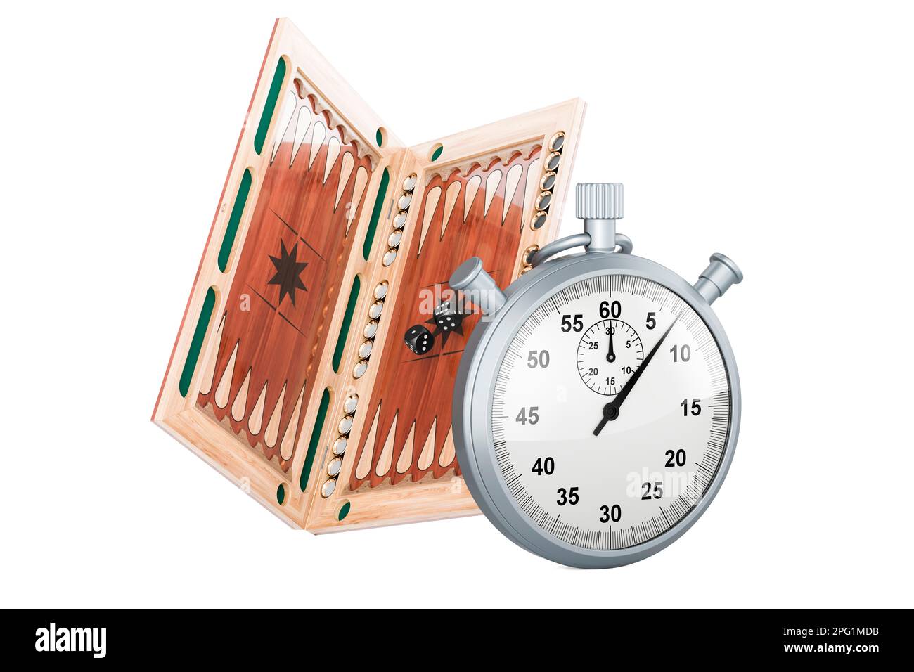 Backgammon, board game with stopwatch, 3D rendering isolated on white ...