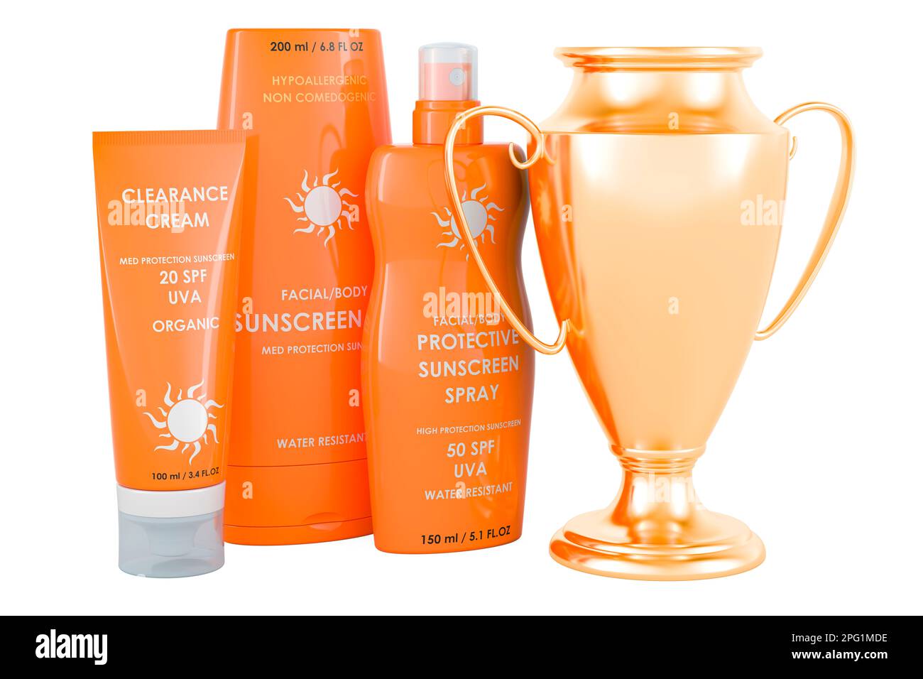 Sunscreen products with golden cup award, 3D rendering isolated on ...