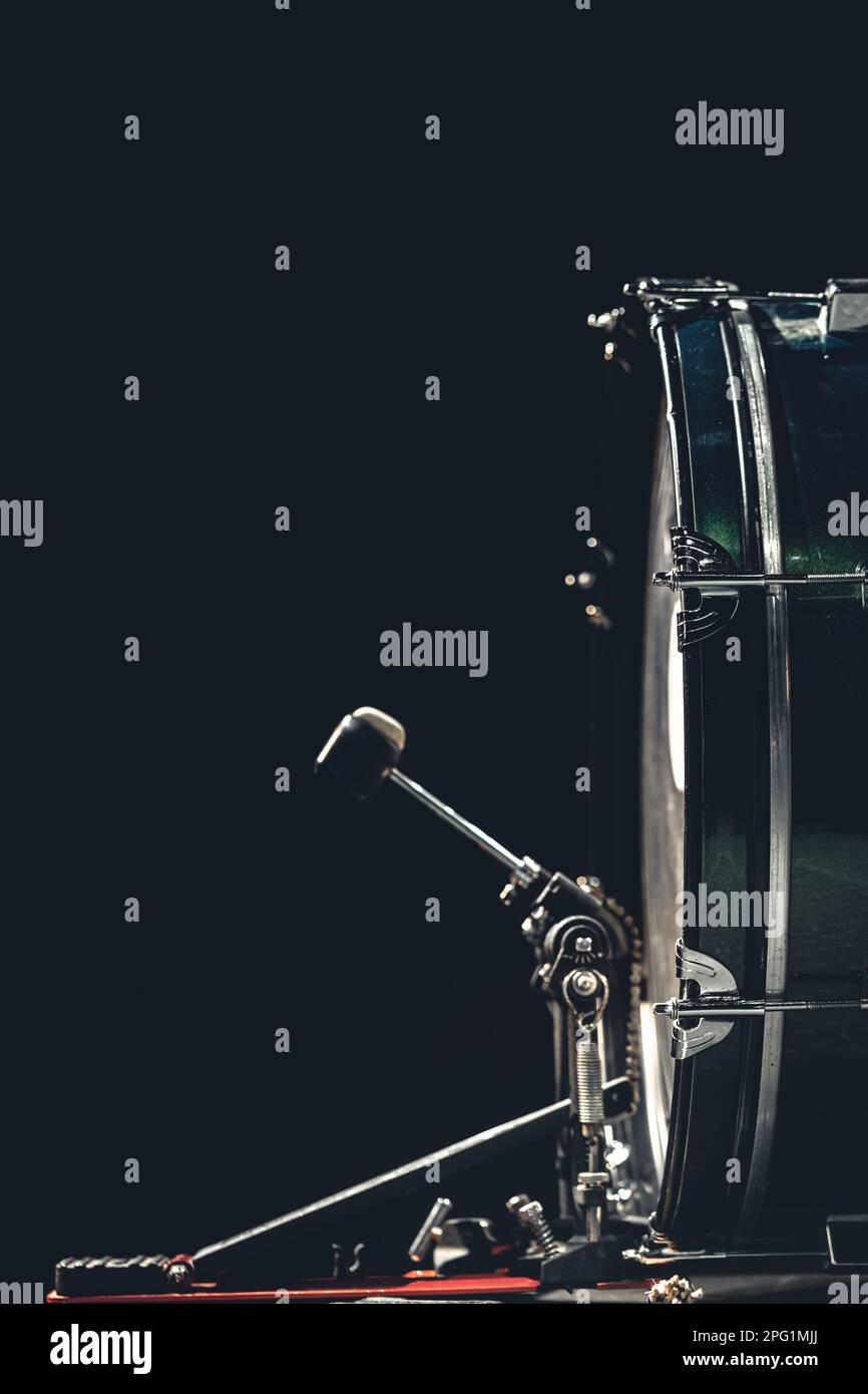 Bass drum with pedal, musical instrument on black background Stock ...