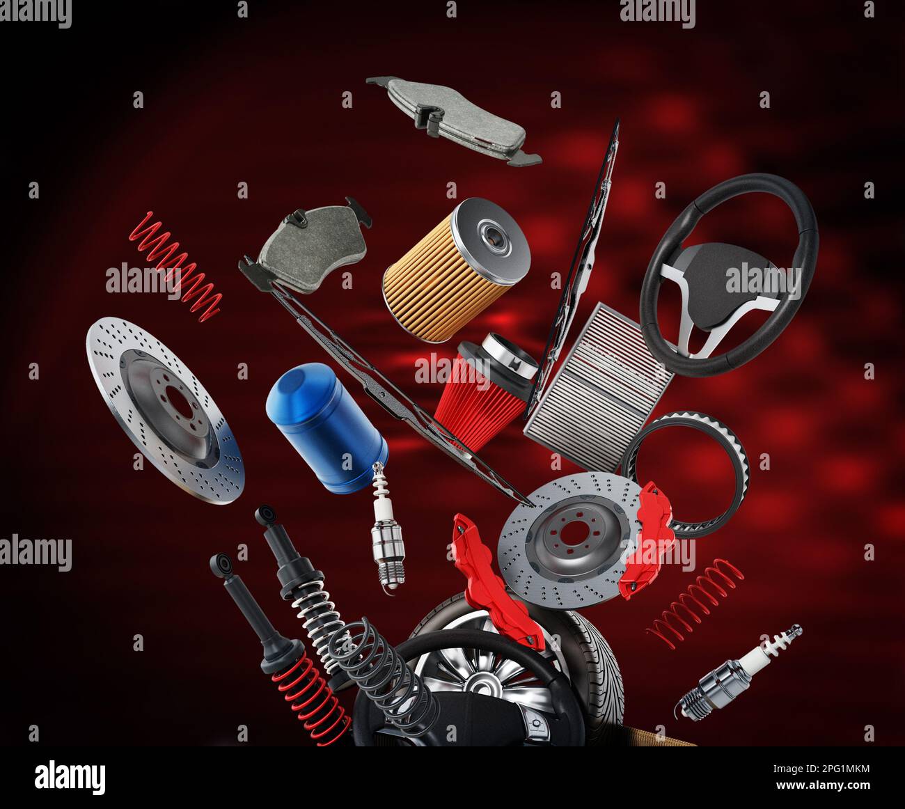 Floating car spare performance parts on red background. 3D illustration ...