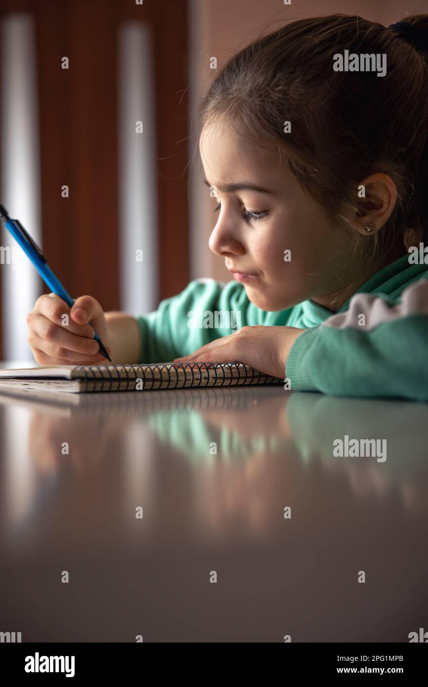 Serious little girl writes with a pen in a notebook Stock Photo - Alamy