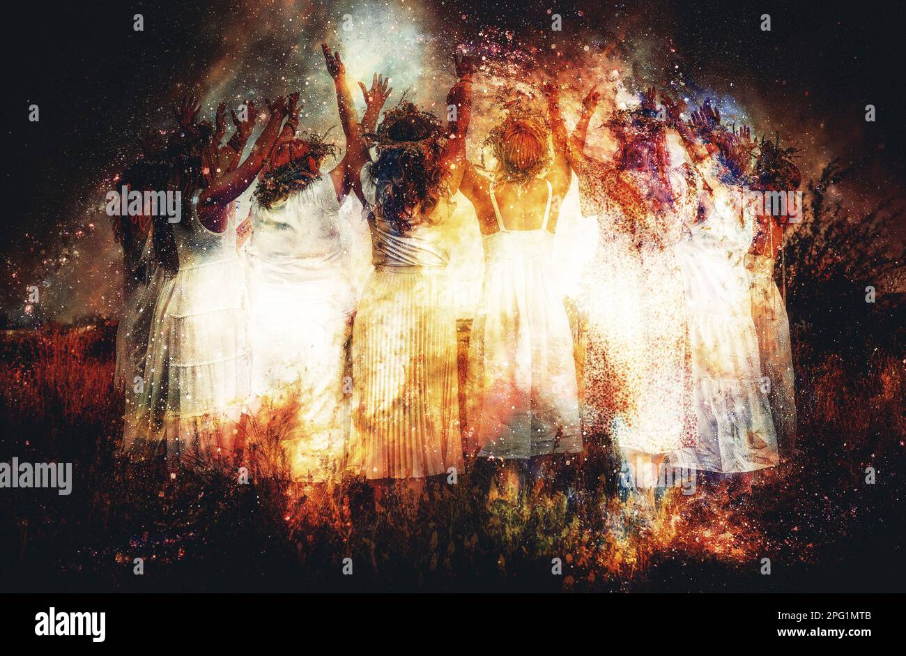 Women in flower wreath. Floral crown, symbol of summer solstice. Cosmic ...