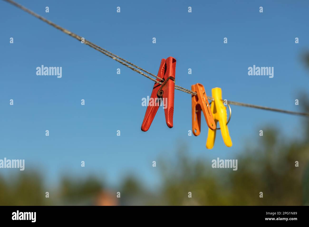 Colorful clothespin clothespins on the hangers. Plastic clothespins in ...