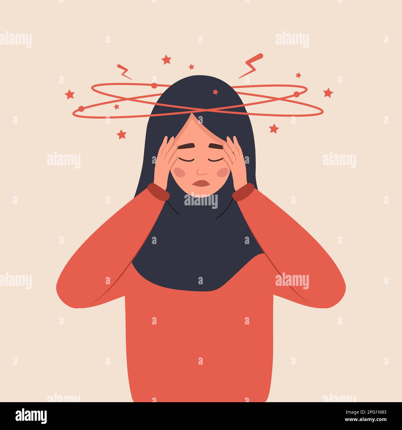 Anemia concept. Sad arabic woman with dizziness. Unhappy girl suffers ...