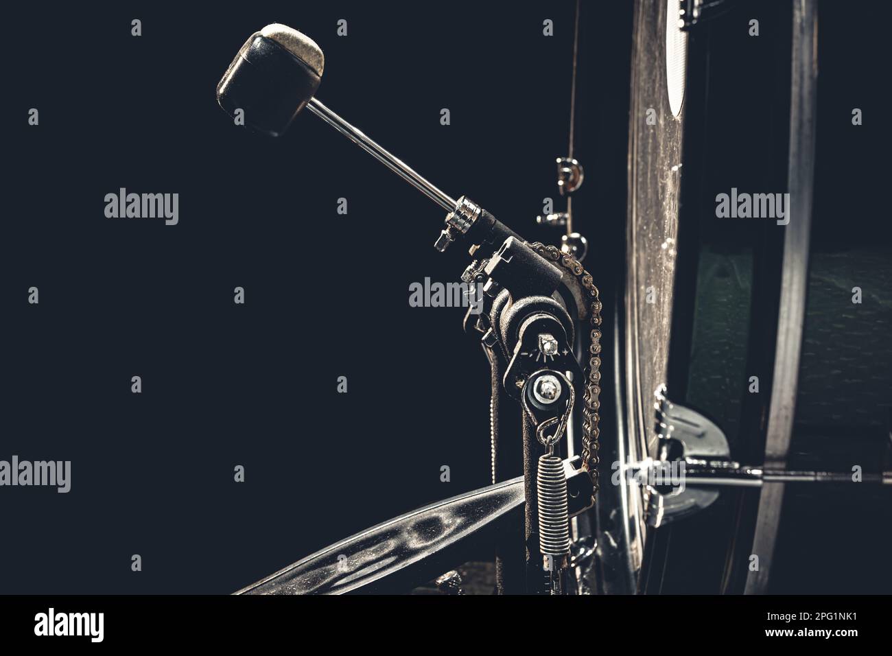 Bass drum with pedal, musical instrument on black background Stock ...