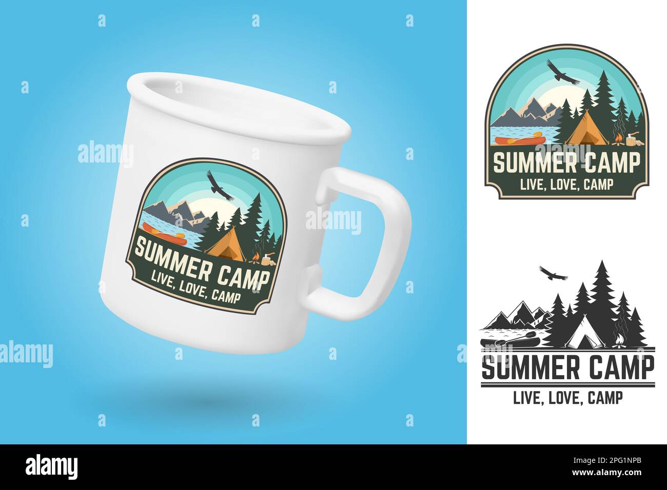 White camping cup. Realistic mug mockup template with sample design ...