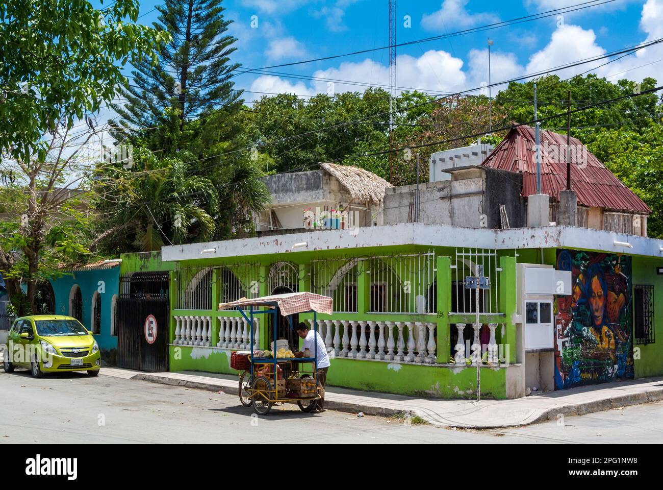 Tulum, Quintana Roo, Mexico, A local seller of cut fruits in the street ...