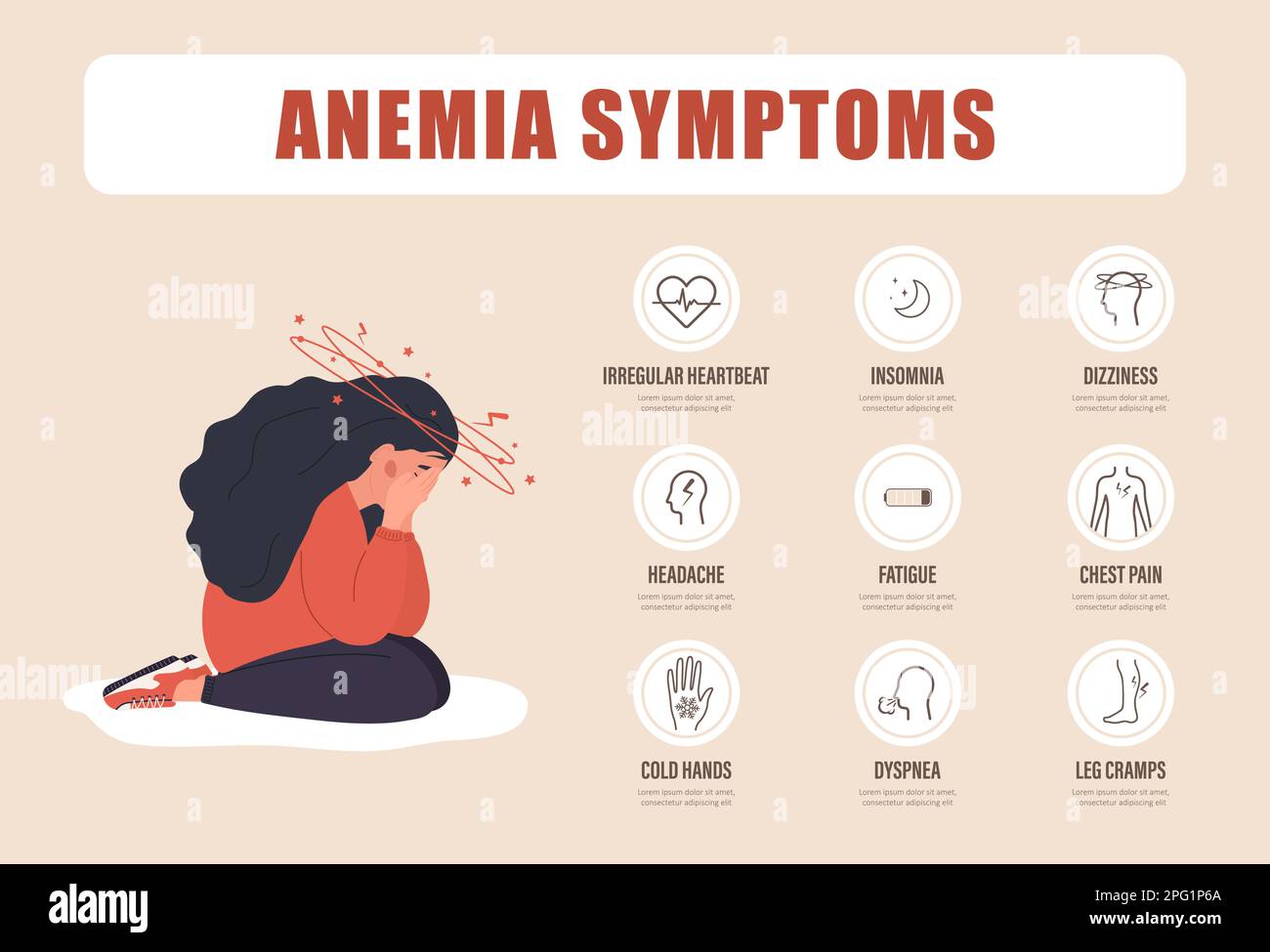 Anemia symptoms poster. Sad woman with dizziness. Headache, dyspnea and ...