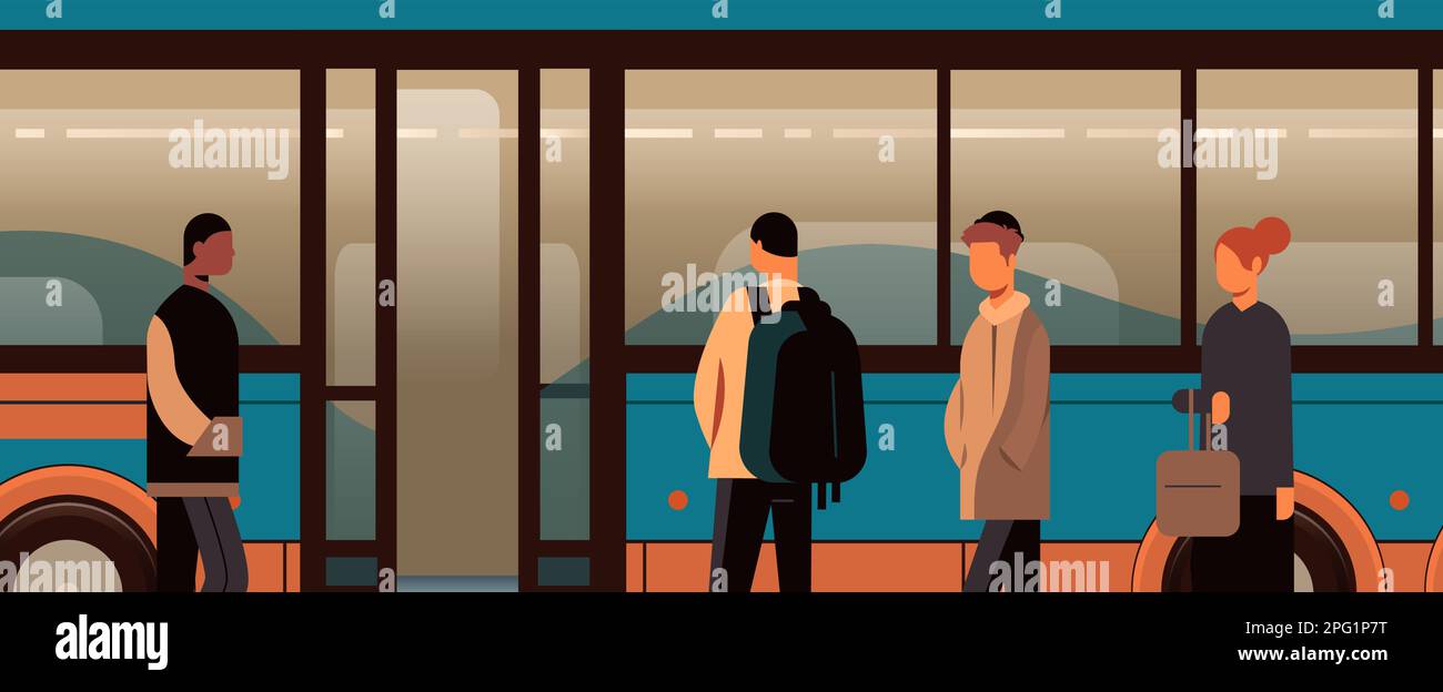 people at public transport bus station comfortable moving concept ...