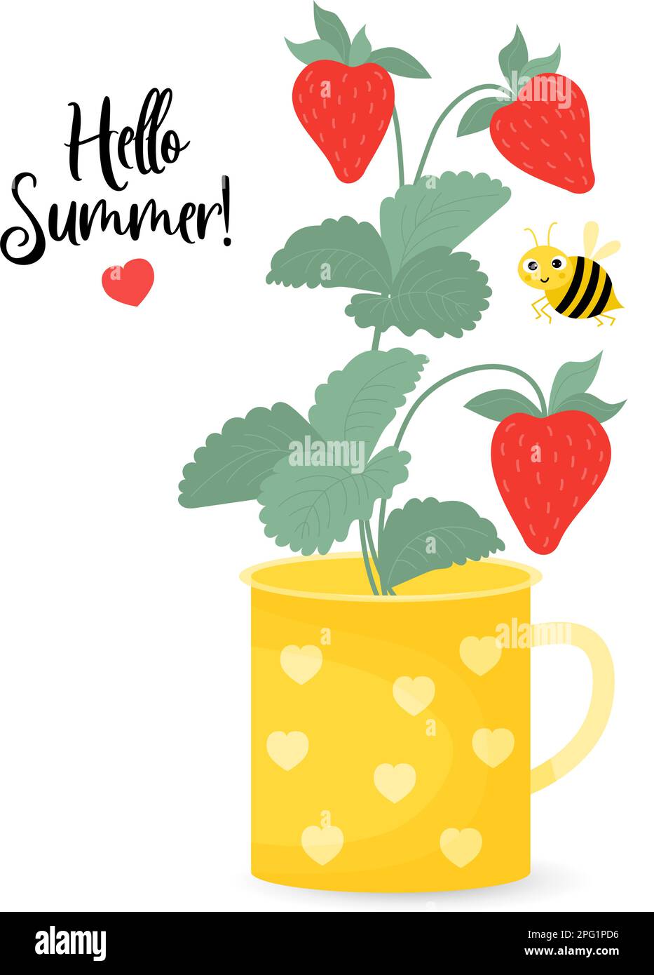 Poster hello Summer. Branches of strawberries with Berry and cute bee ...