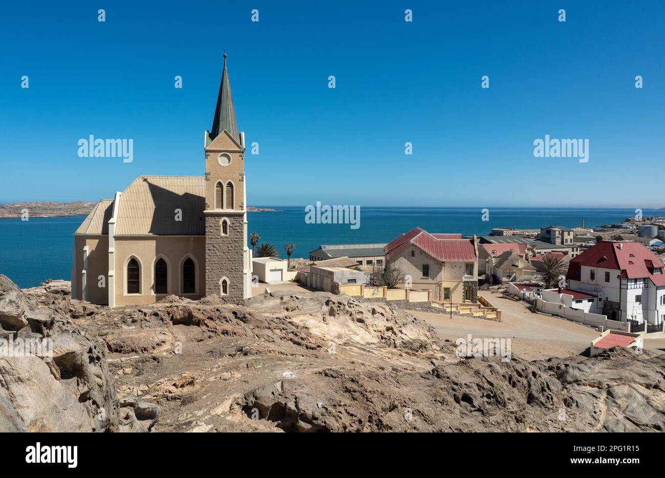 Street scene from Lüderlitz, an old German colony style coast town ...