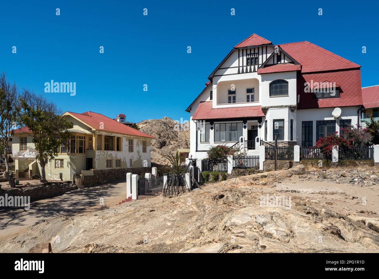 Street scene from Lüderlitz, an old German colony style coast town ...