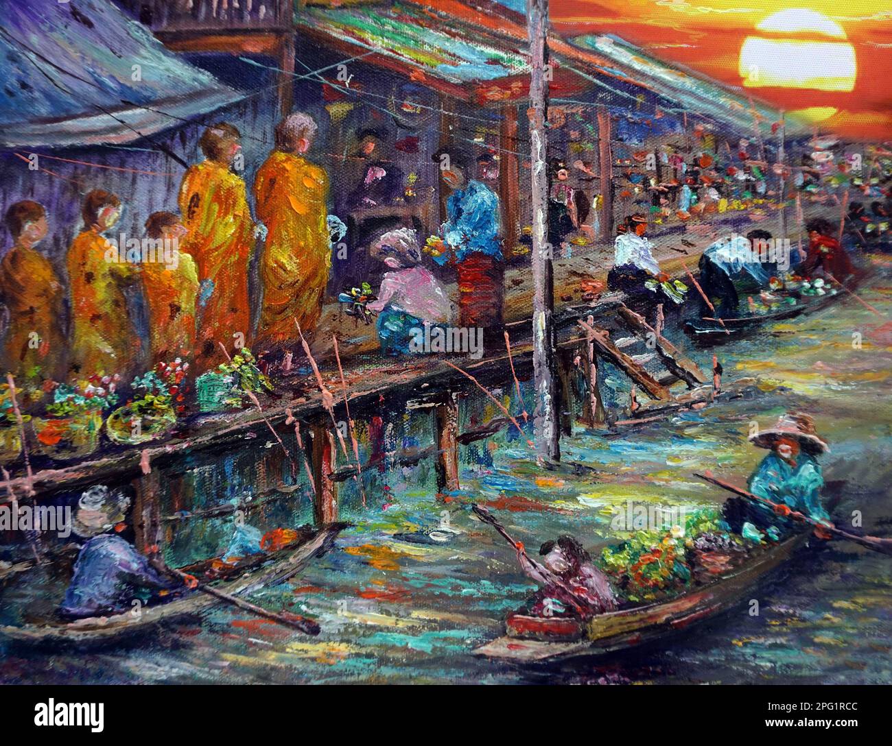 art painting Oil color Floating market Thailand , Countryside Stock ...