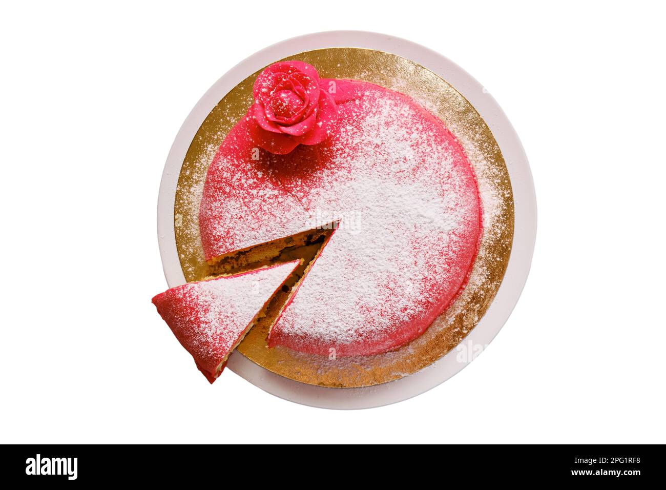 Red cake covered with marzipan or mastic with a cut piece, copy space ...