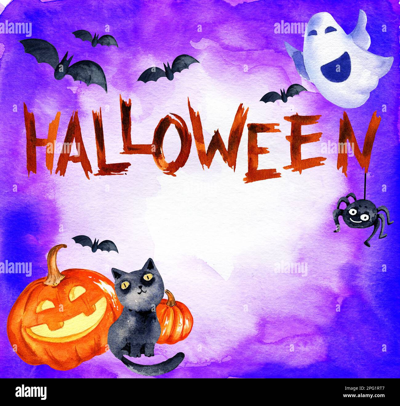 watercolour background of halloween theme with bats, spider, cat, ghost ...