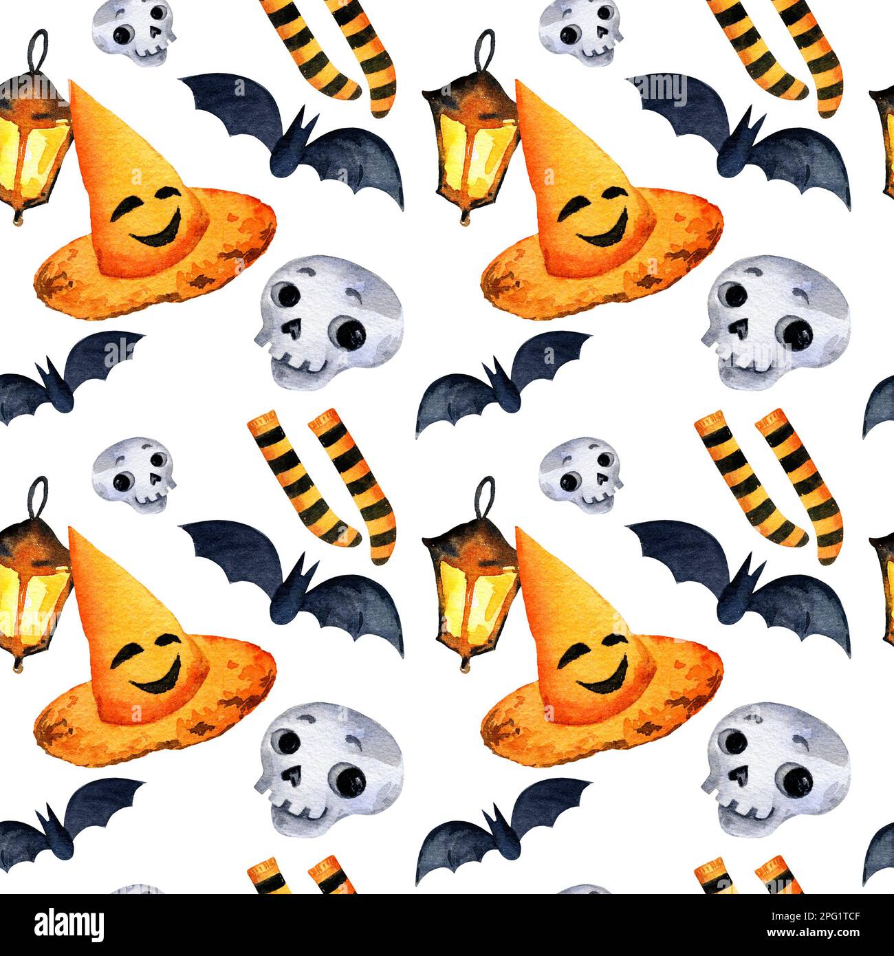 halloween pattern, seamless watercolour pattern with bat, funny hat ...