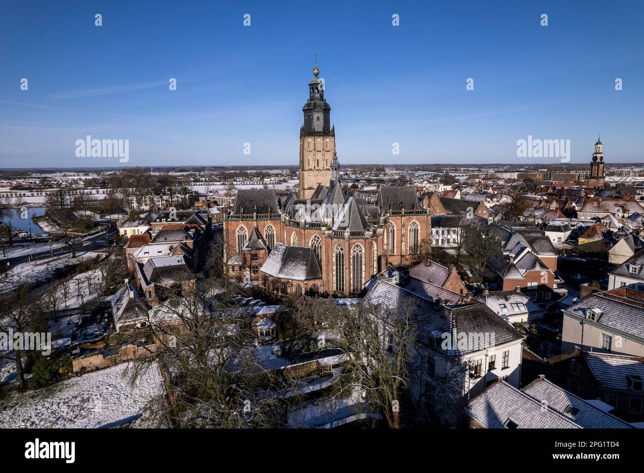 Walburgiskerk church towering over medieval Hanseatic Dutch tower town ...