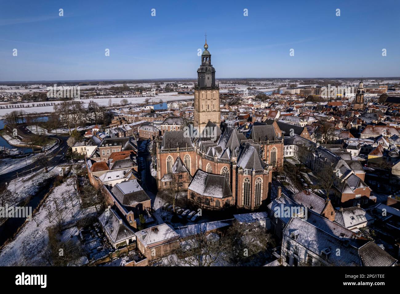 Walburgiskerk church towering over medieval Hanseatic Dutch tower town ...