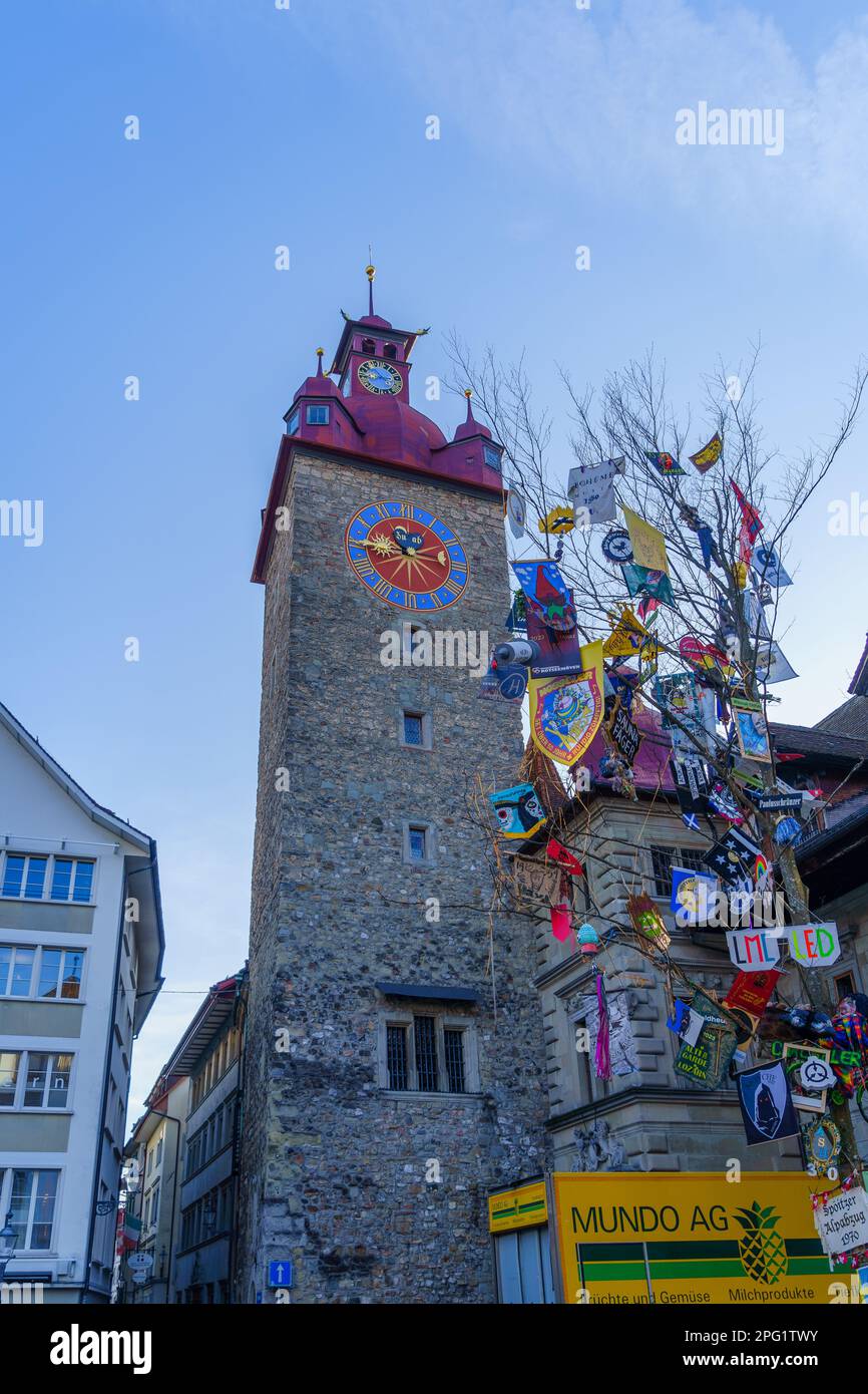 Lucerne, Switzerland - February 22, 2023: View of a clock tower, and ...