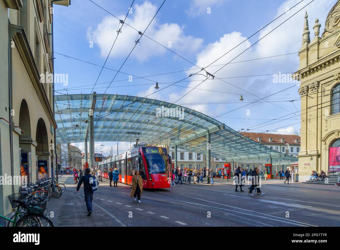Bern, Switzerland - February 23, 2023: Scene of the Bahnhofsplatz with ...