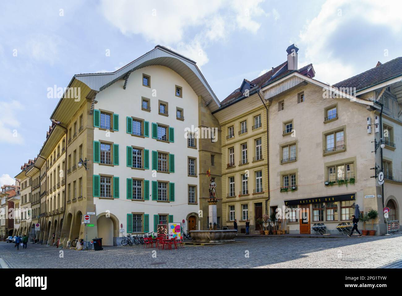 Bern, Switzerland - February 23, 2023: Scene of the Rathausplatz with ...