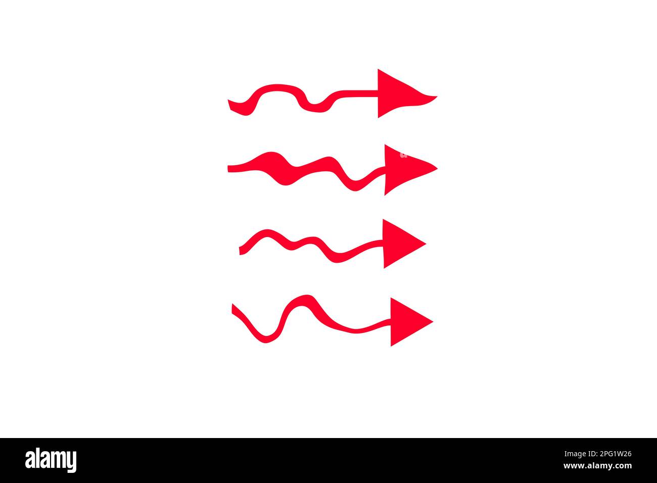 Red curved arrows are arranged in a row on a white background Stock ...