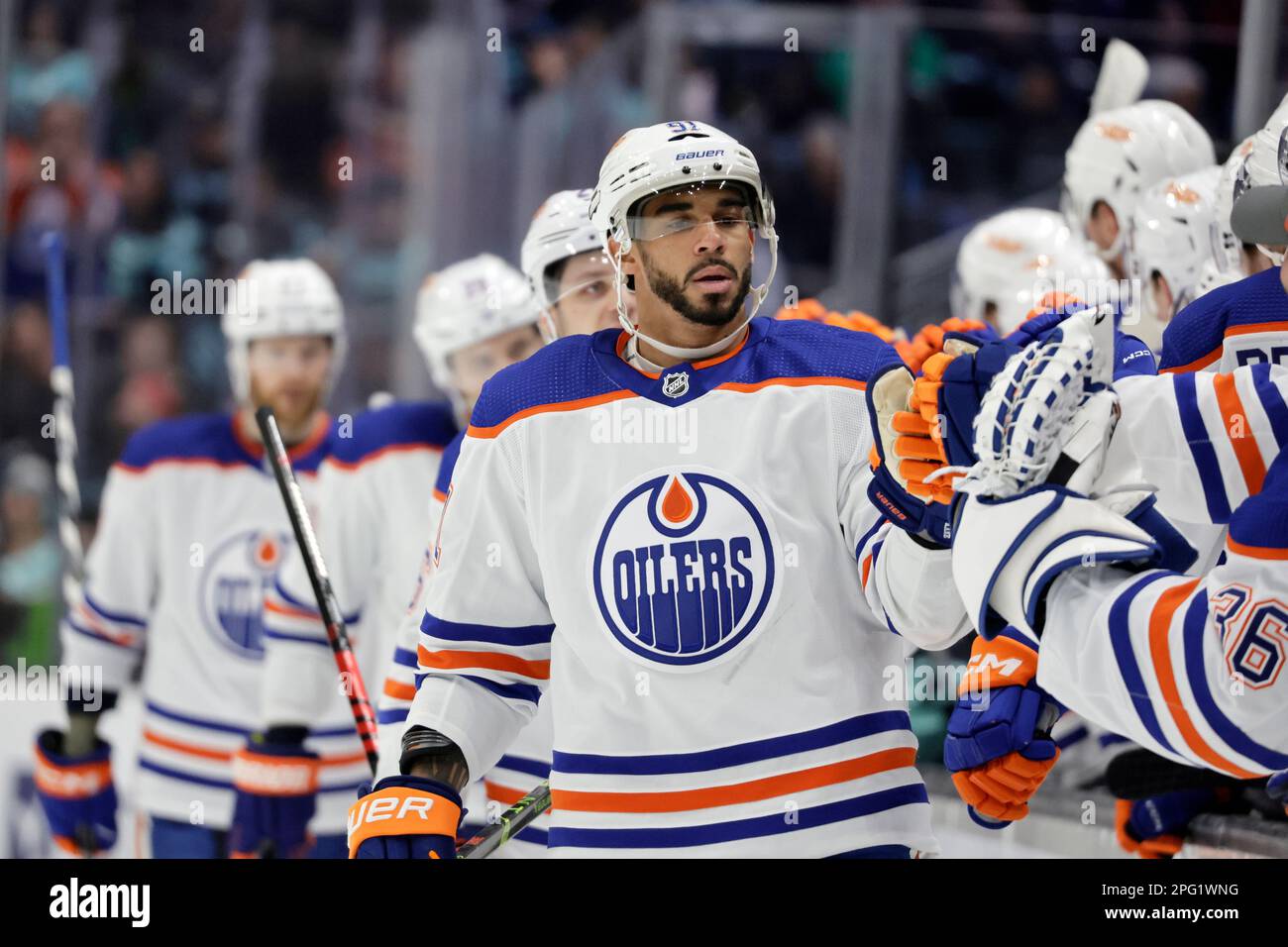 Edmonton Oilers left wing Evander Kane (91) is congratulated at the ...
