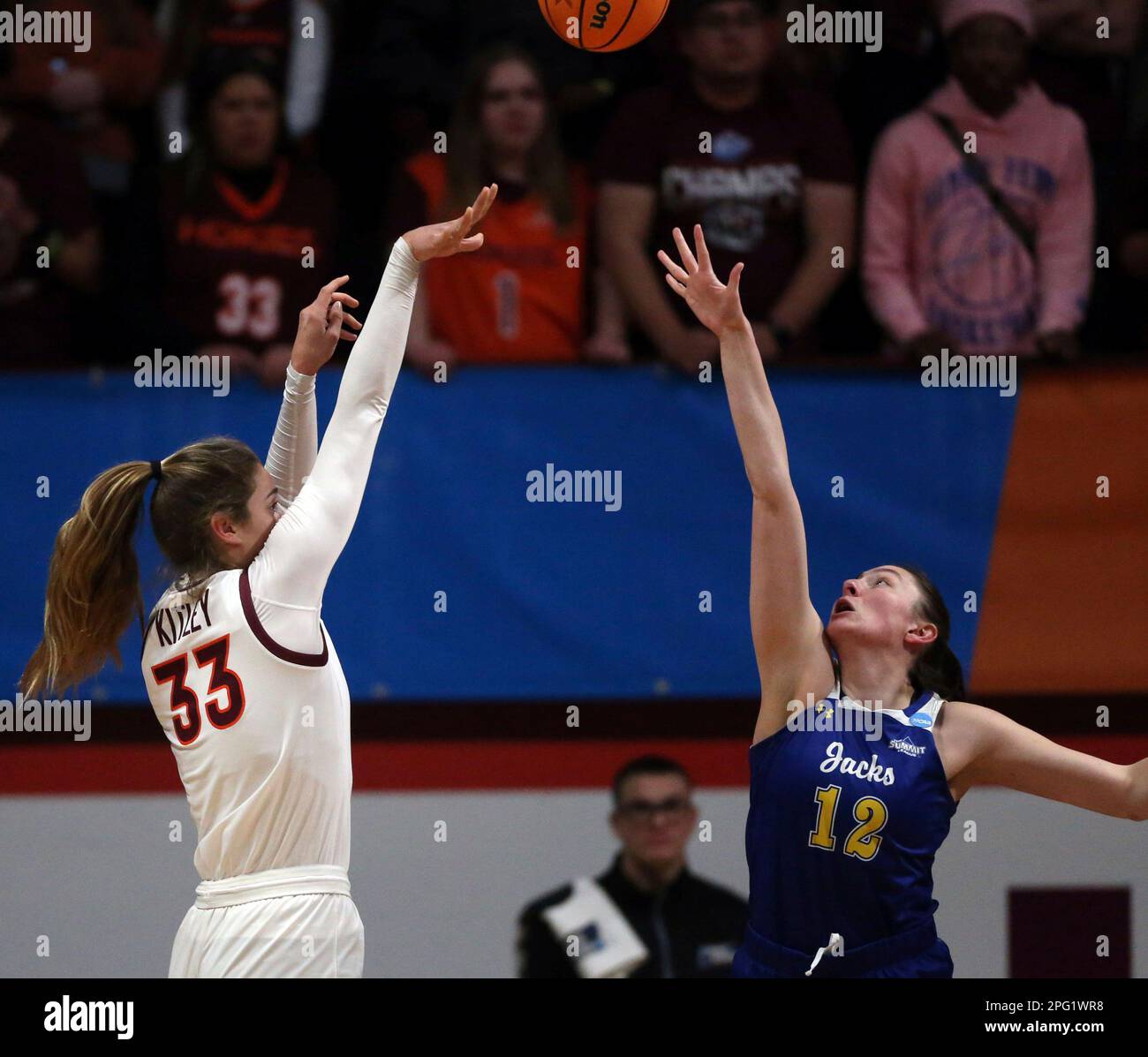 Virginia Tech's Elizabeth Kitley (33) shoots over South Dakota State's ...