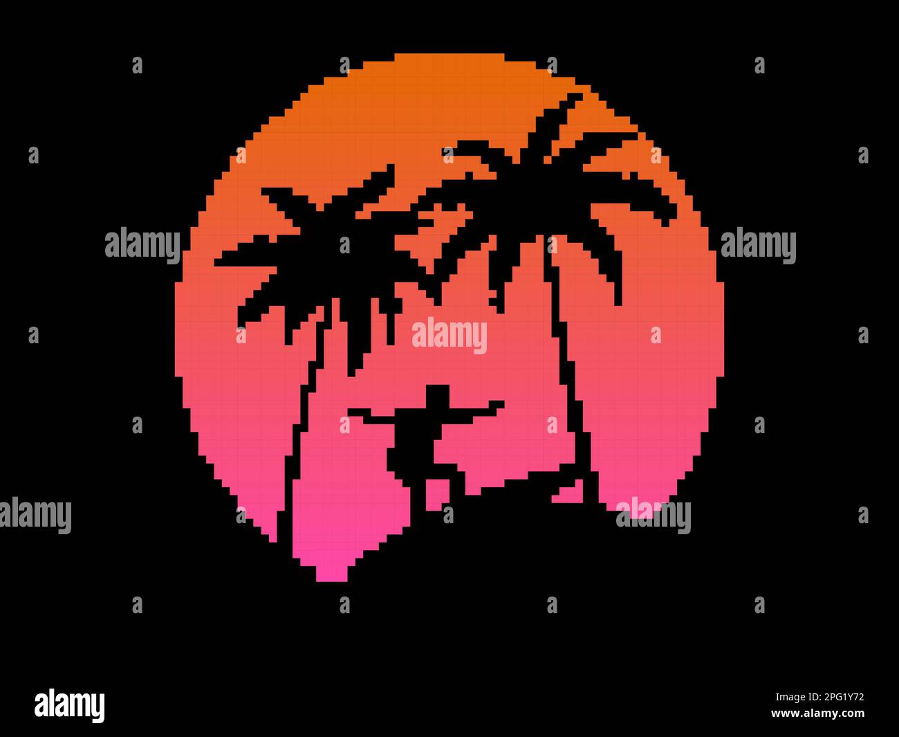 Surfer at sunset with palm trees in pixel art style. Retro sunset with ...