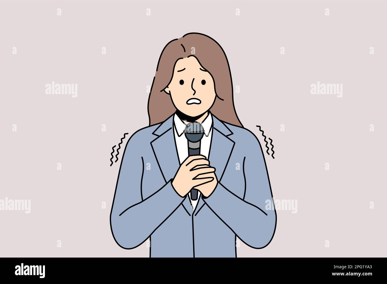 Anxious woman in suit scared talking on microphone on meeting or ...