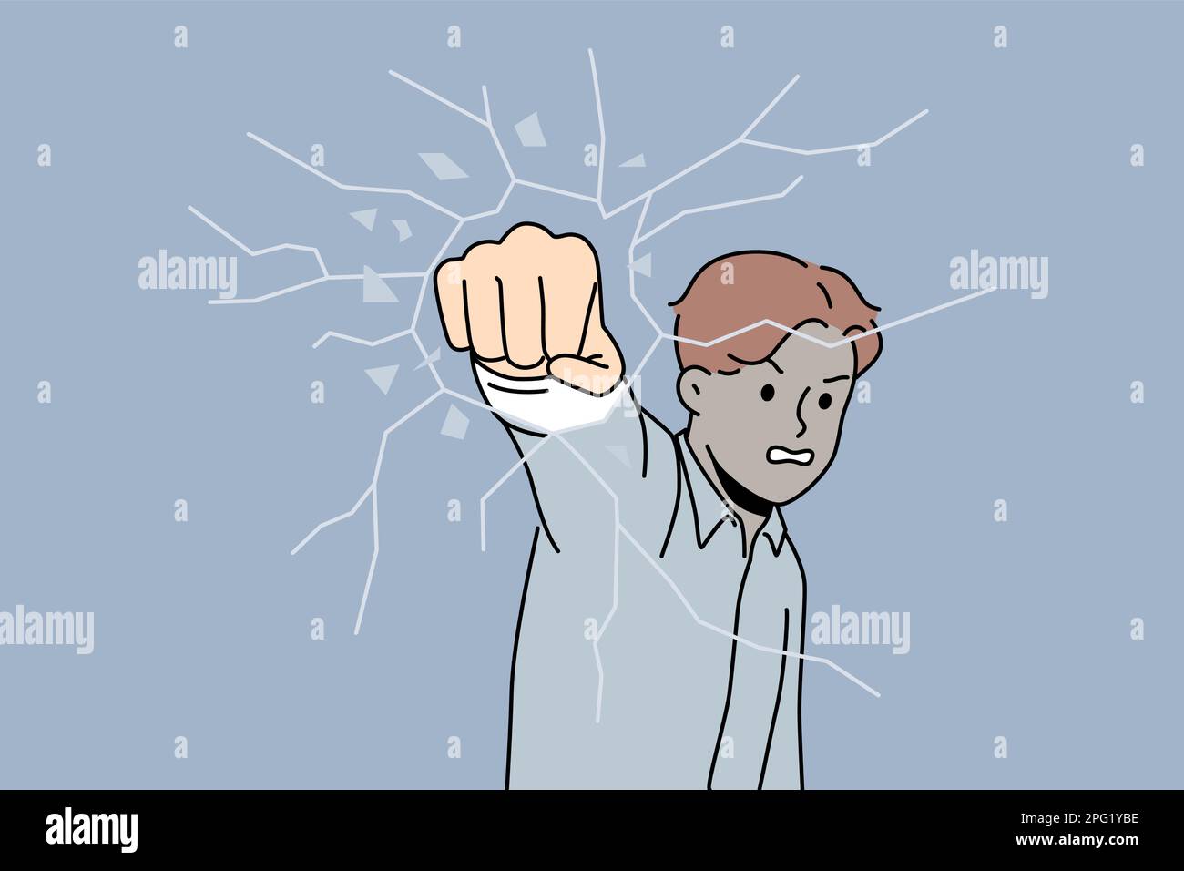 Angry man break glass with fist. Furious male employee punch with hand ...