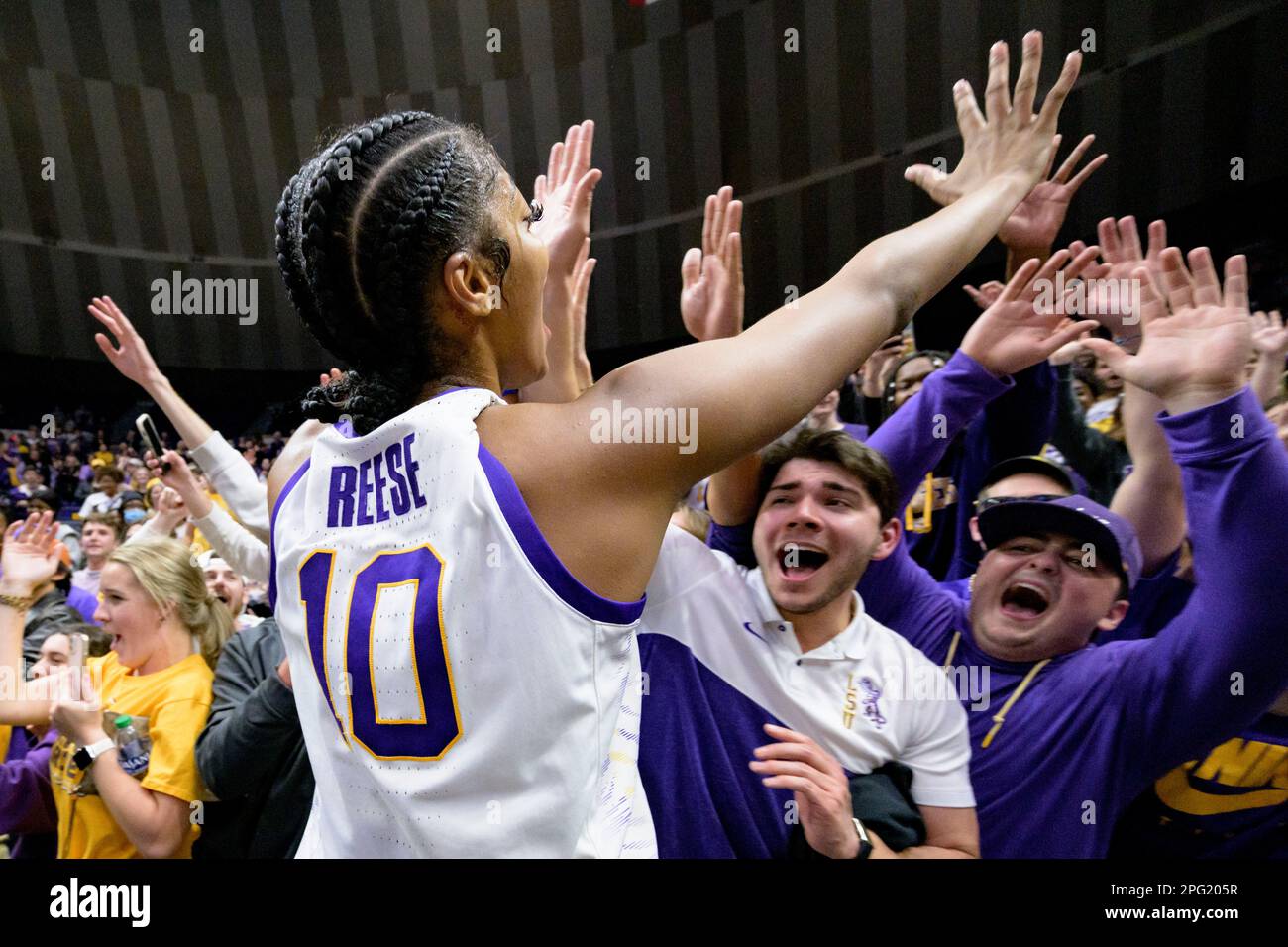 LSU forward Angel Reese (10) celebrates with fansafter LSU defeated ...
