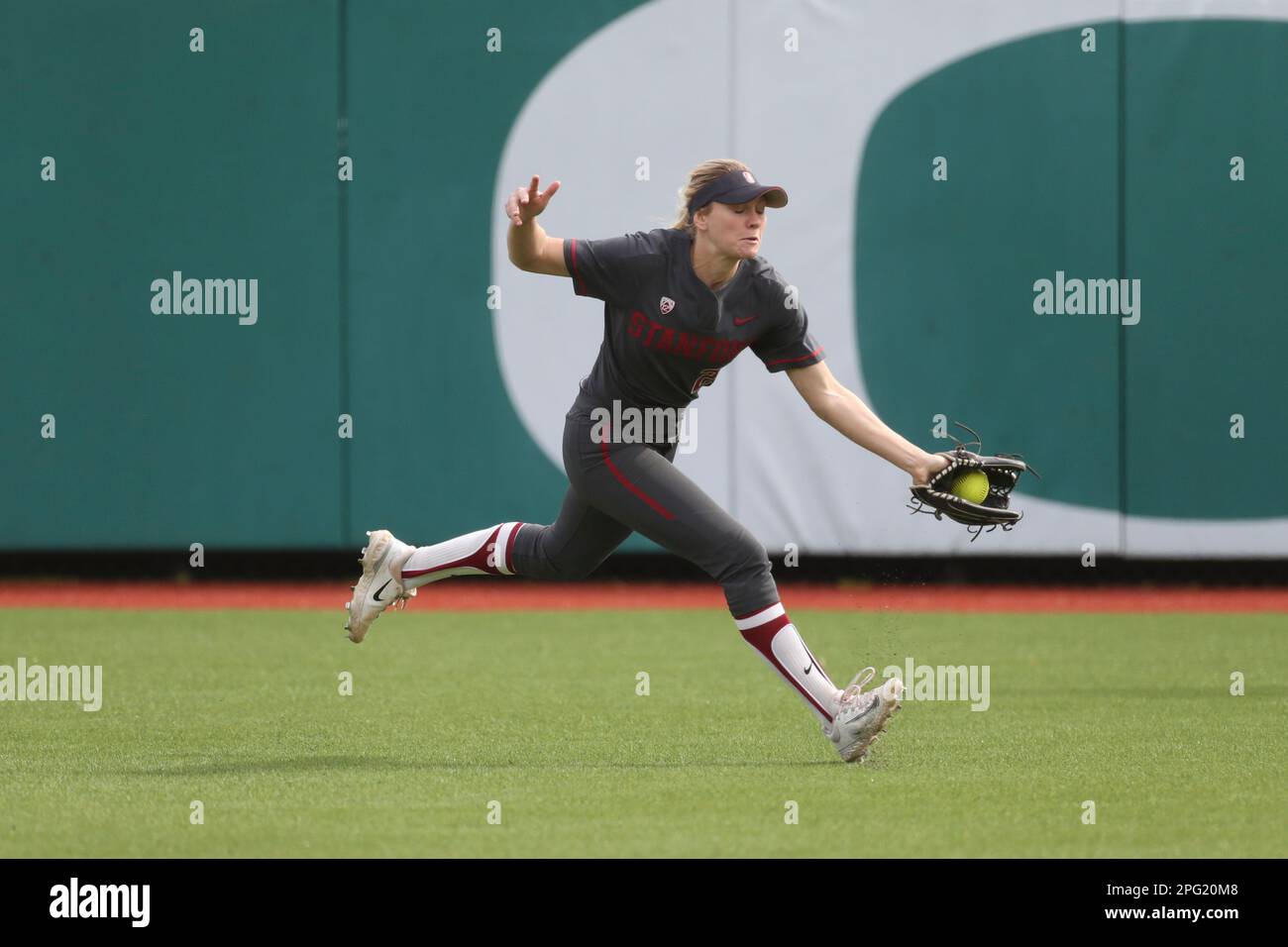 Stanford outfielder Taylor Gindlesperger (25) makes a catch during an NCAA softball game against ...