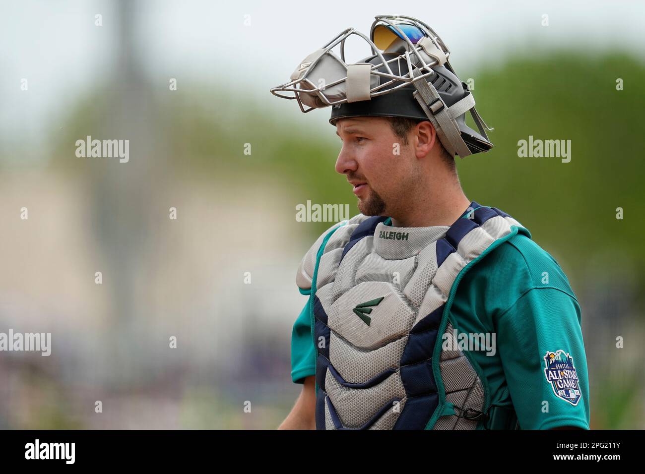 Seattle Mariners catcher Cal Raleigh looks on during the second inning ...