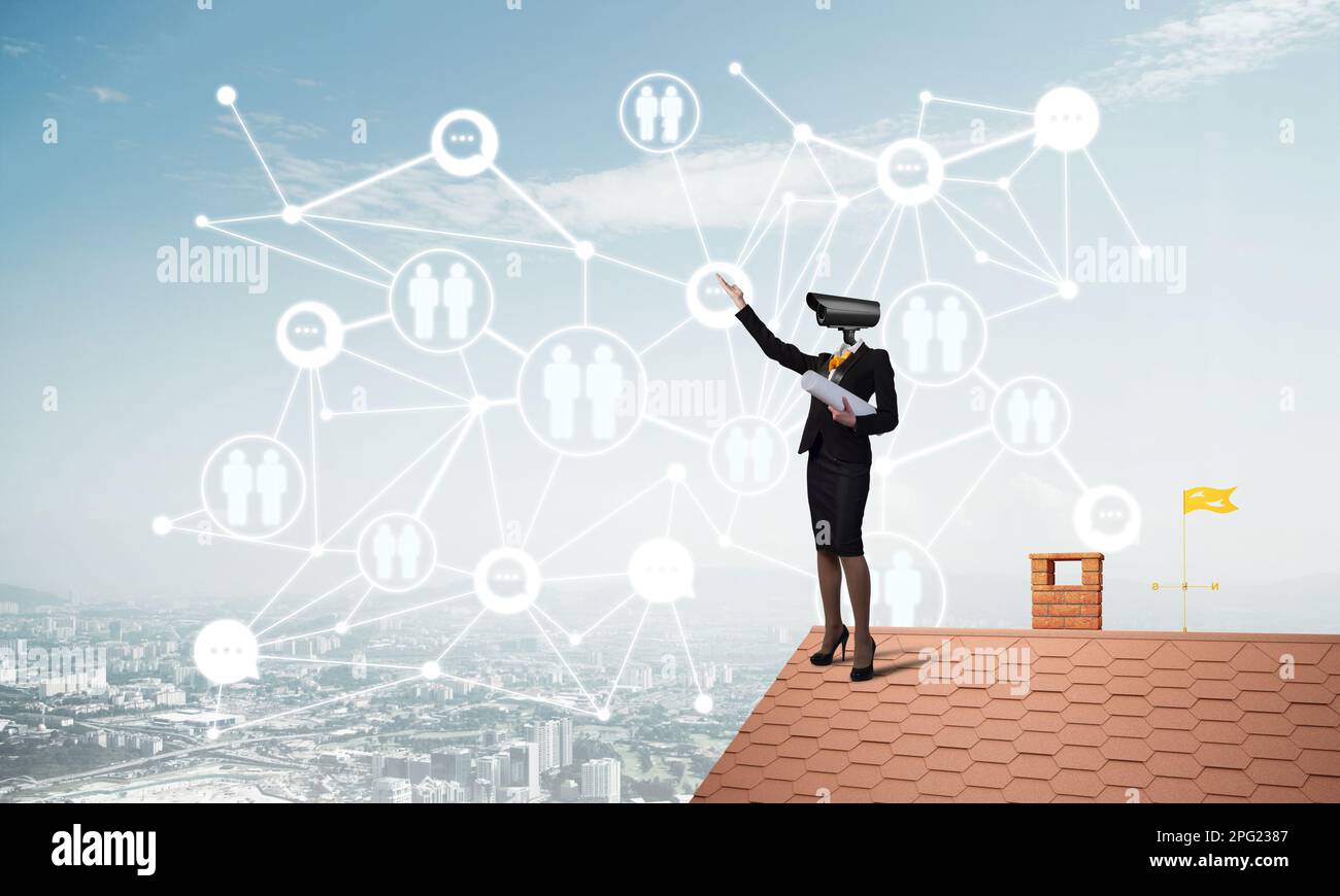 Concept of security and privacy protection with camera headed woman ...