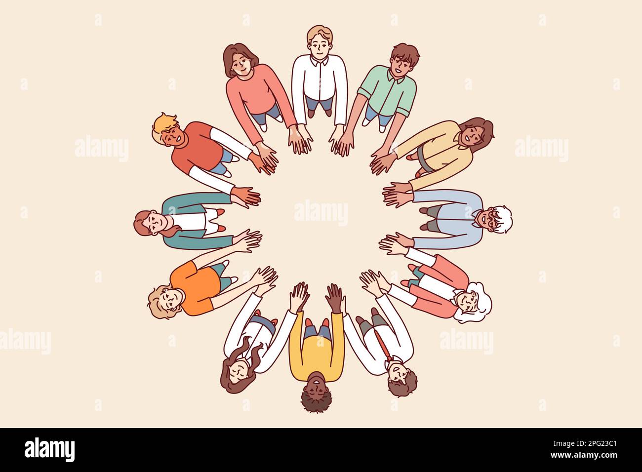 Friendly people stand in circle hold hands for collaboration and ...