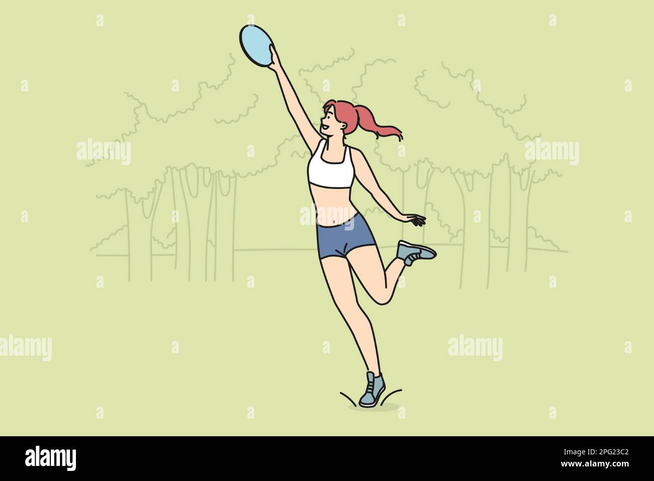 Smiling sportive girl play with frisbee in park. Happy active woman ...