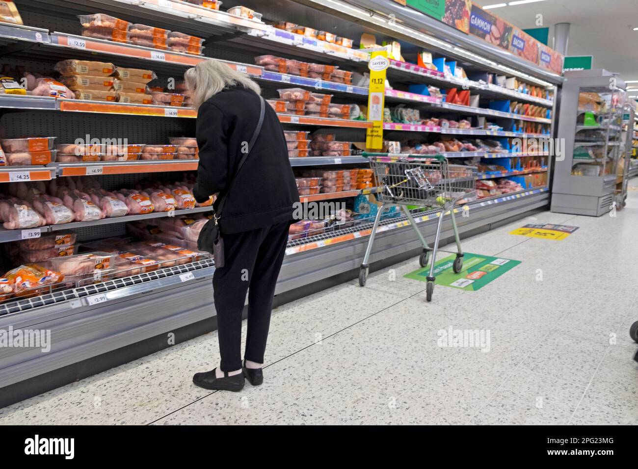 Elderly senior woman with shopping trolley cart looking at chicken meat ...