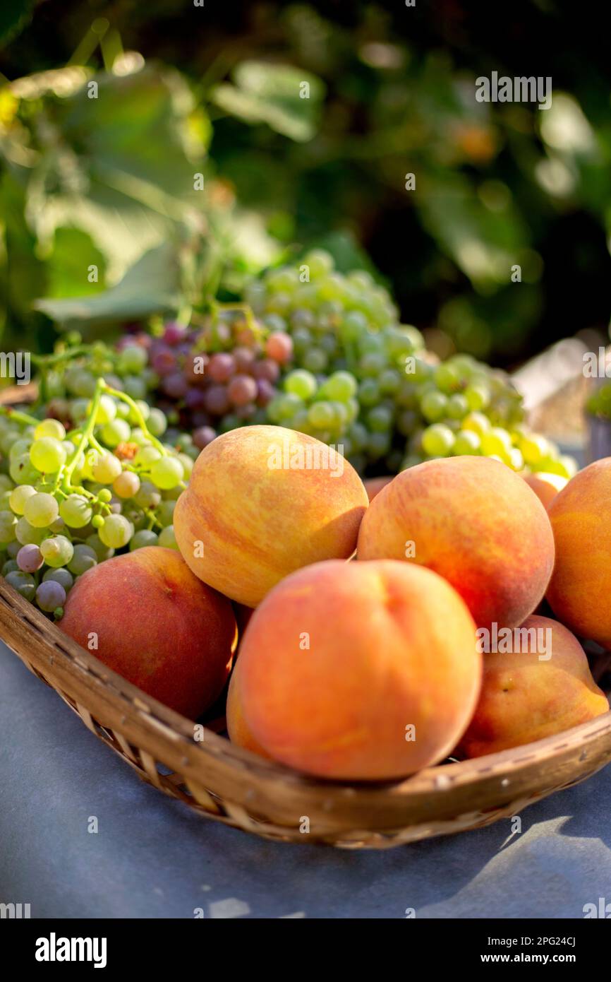 Summer peach and grape harvest Stock Photo - Alamy